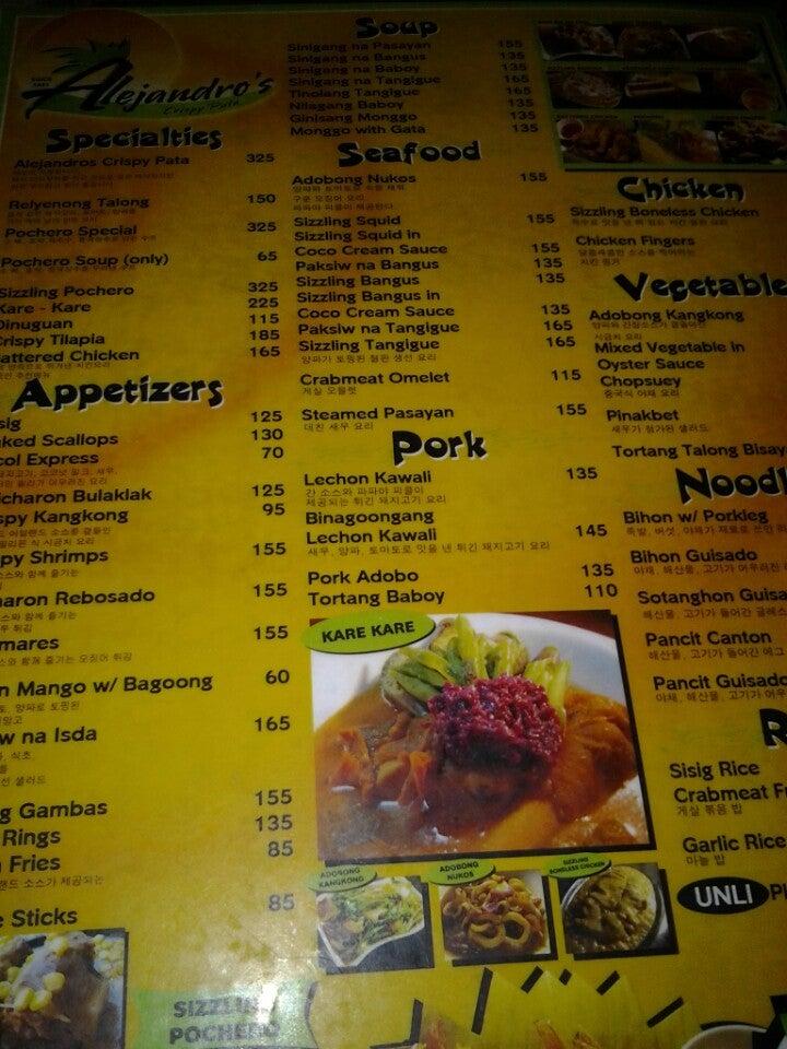 Menu at Alejandro's Crispy Pata pub & bar, Cebu City, Century Plaza Cebu