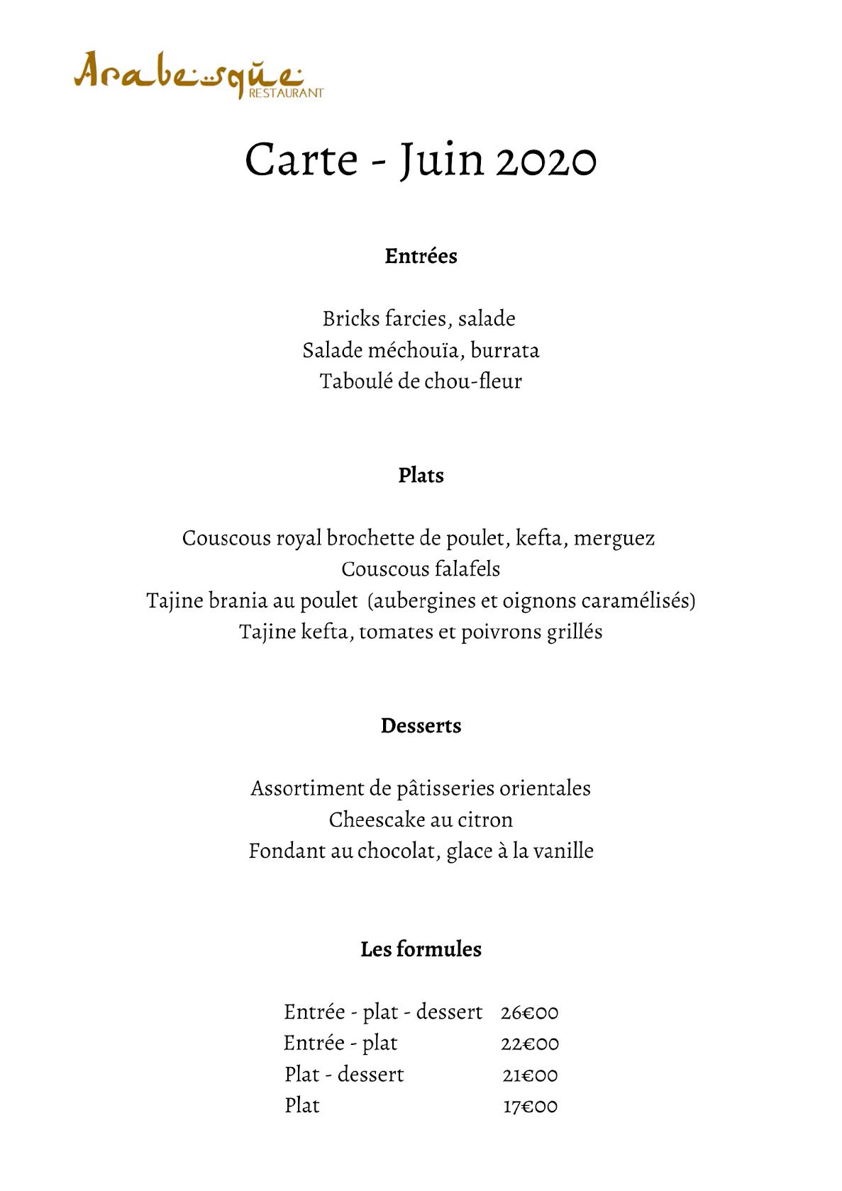 Menu at Arabesque restaurant, Doulezon