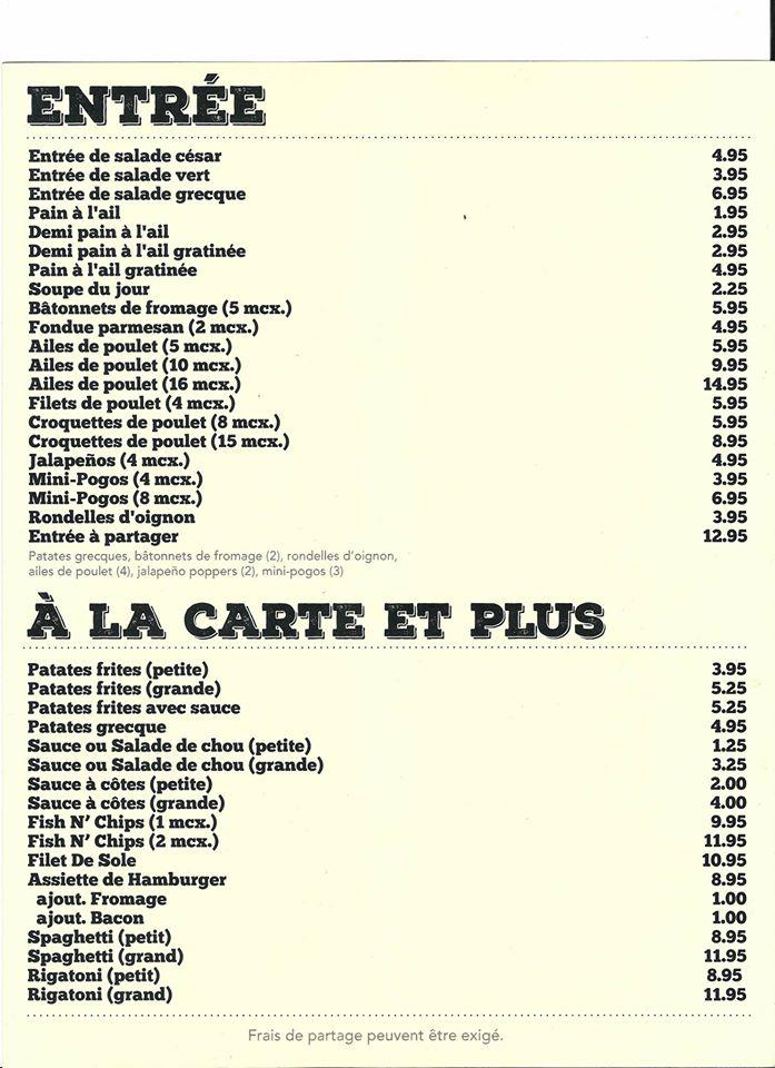 Menu au Coq-o-bec rock forest restaurant, Sherbrooke