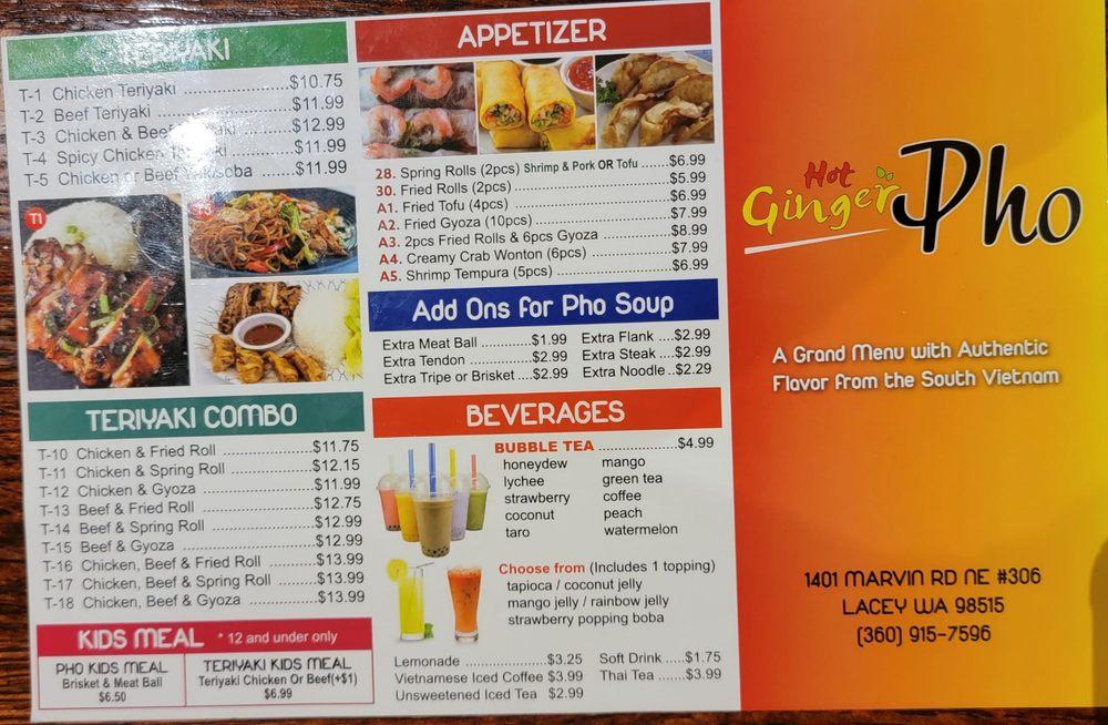 Menu at Hot Ginger Pho restaurant, Lacey