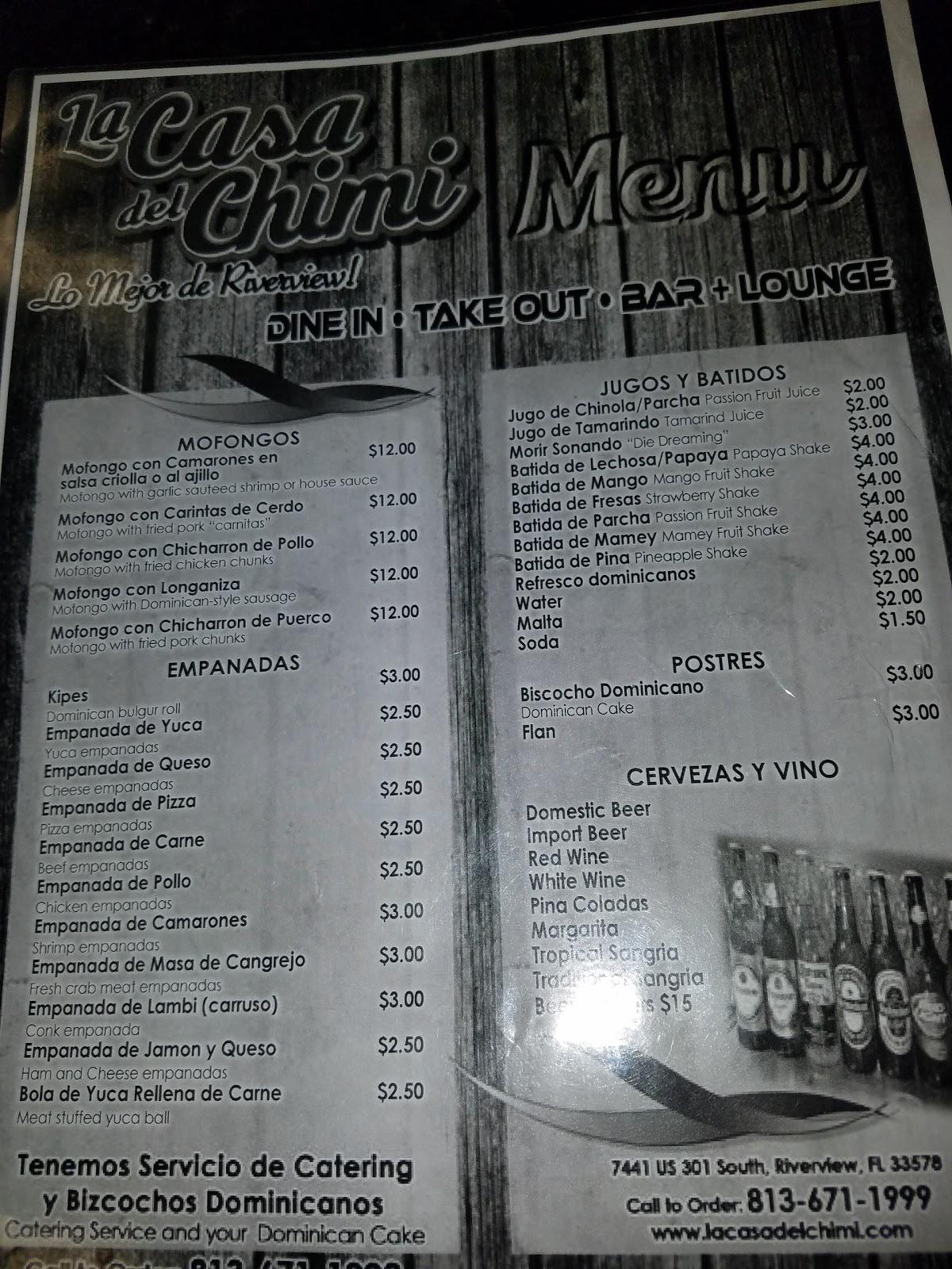 Menu at La Casa del Chimi restaurant, Riverview, US-301 #105