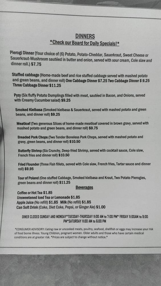 Menu at Little Polish Diner restaurant, Parma