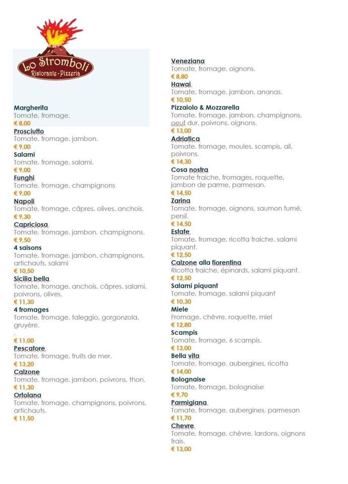 Menu au Lo Stromboli, Gembloux, Chau. de Nivelles 176