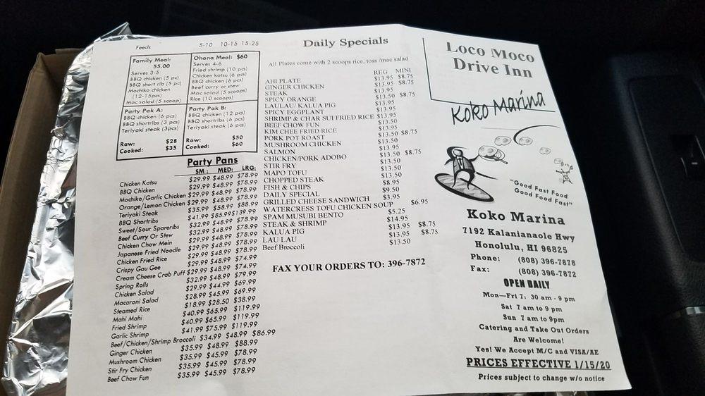 Menu at Loco Moco Drive Inn restaurant, Honolulu, Kalanianaʻole Hwy # C117
