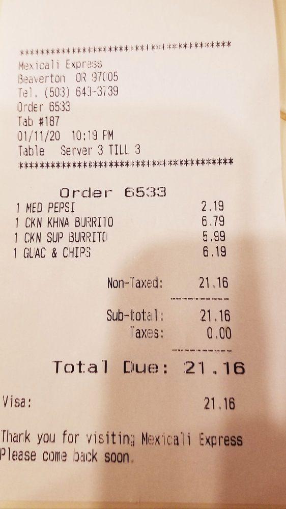 Menu at Mexicali Express restaurant, Beaverton, SW Canyon Rd #2104