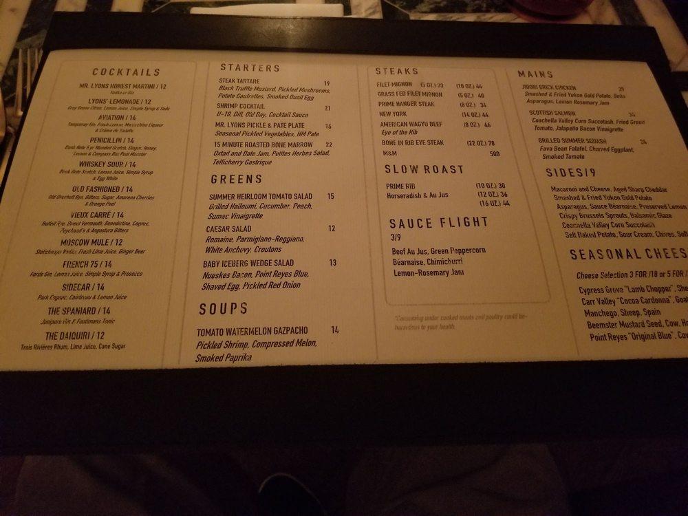 Menu at Mr. Lyons Steakhouse, Palm Springs
