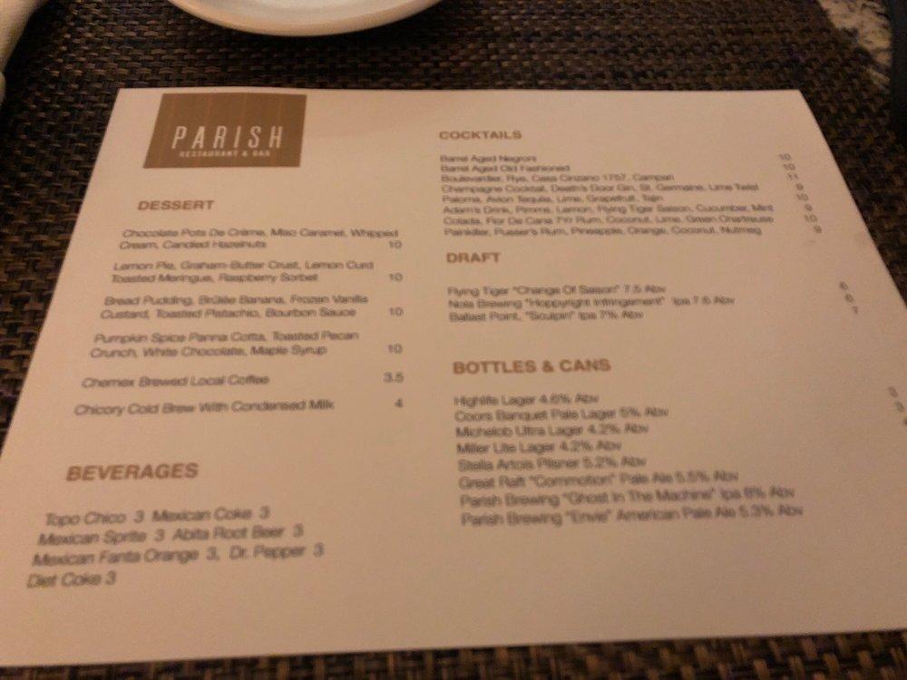 Menu at Parish Restaurant & Bar, Monroe