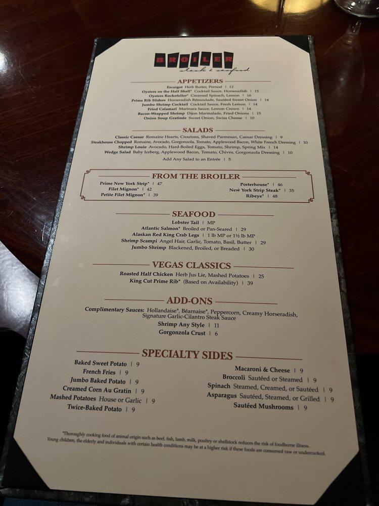 Menu at The Broiler steakhouse, Las Vegas, Boulder Hwy