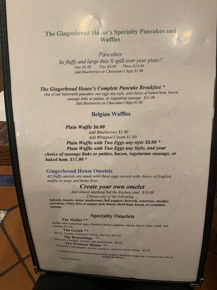 Menu at The Gingerbread House Restaurant, Rangeley