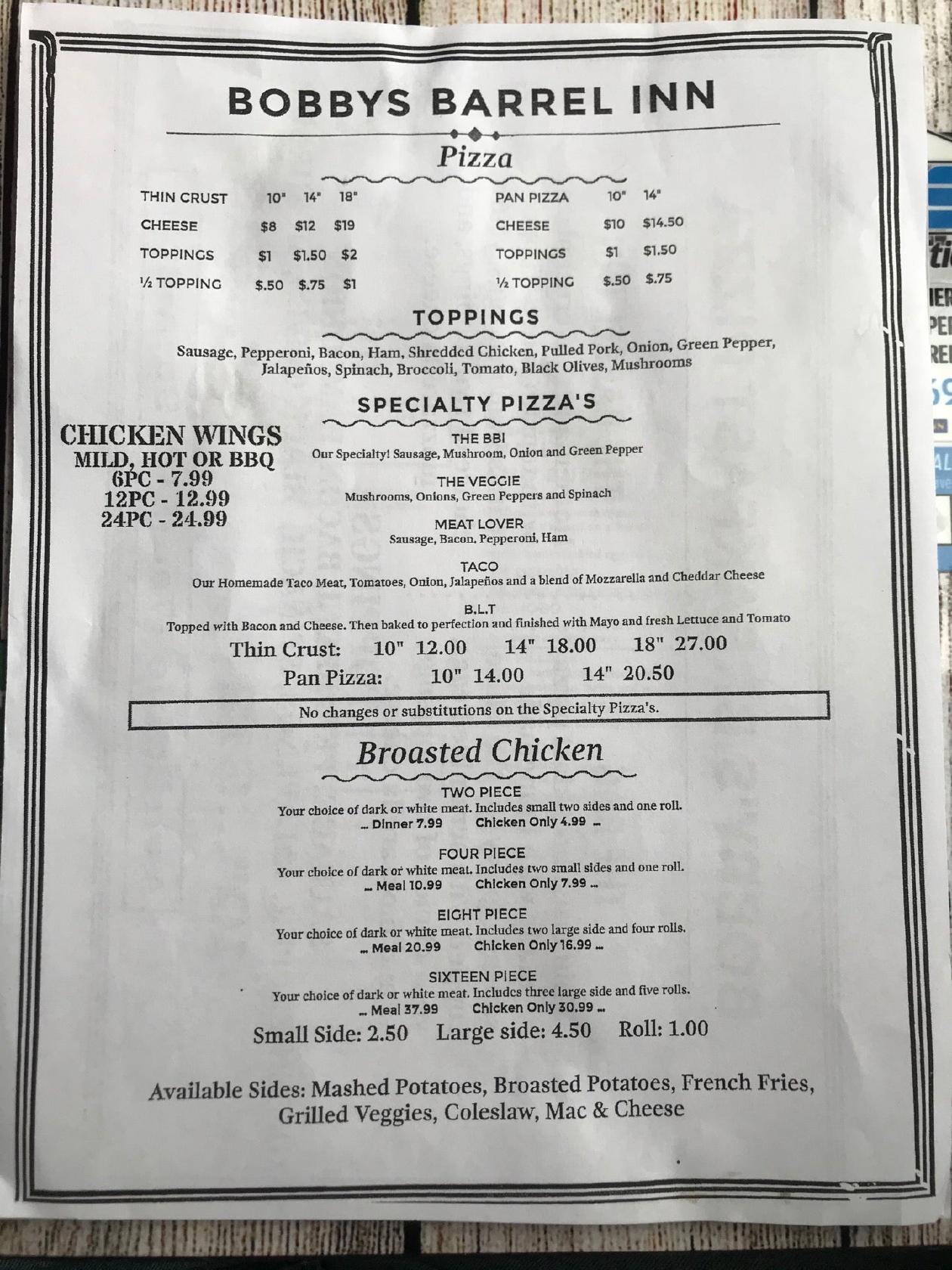 Menu at Bobby's Barrel, Volo