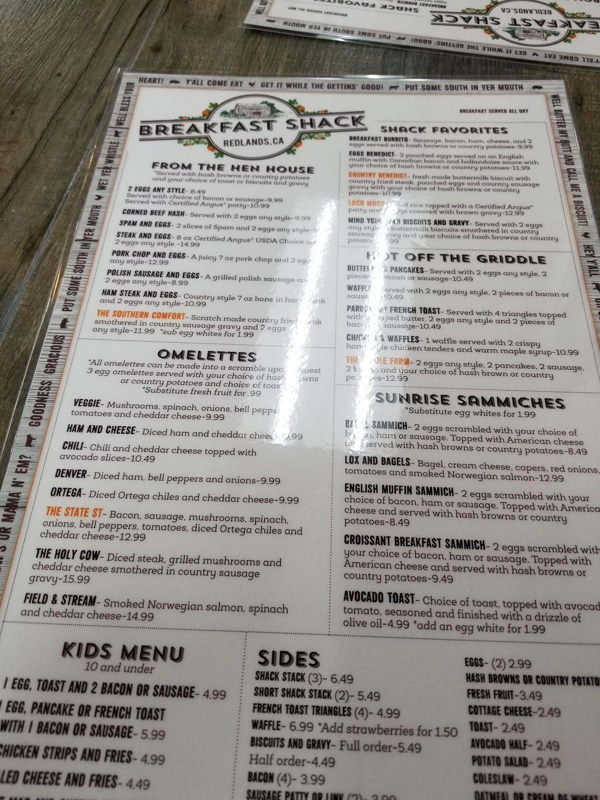 Menu at Breakfast Shack restaurant, Redlands