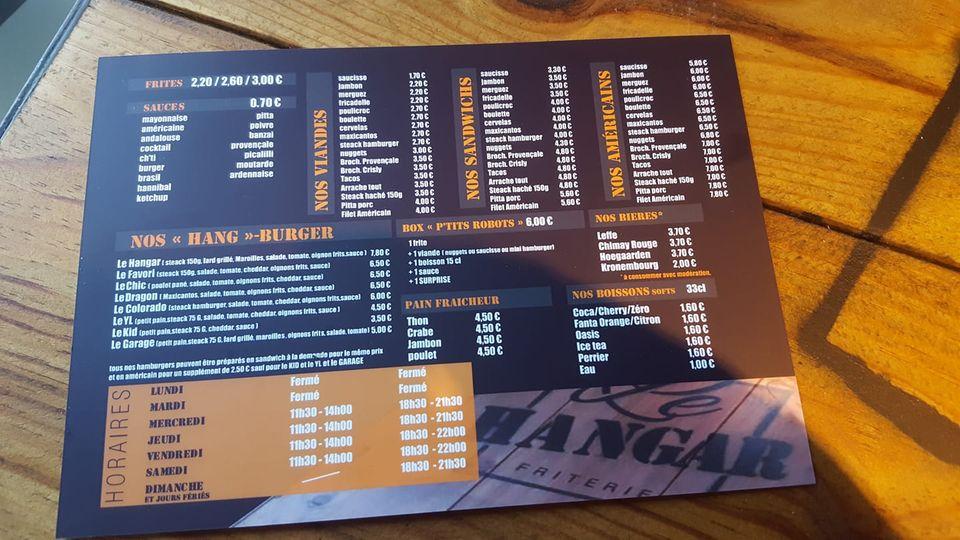 Menu at Le Hangar fast food, Dourlers