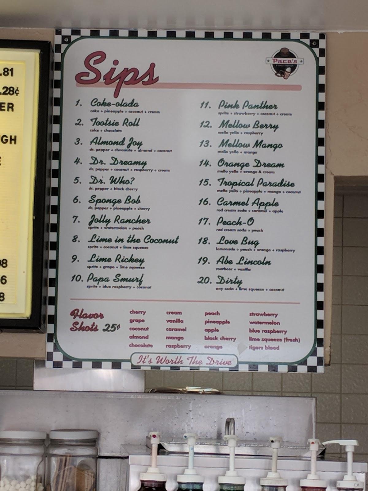 Menu at Pace's Drive-In fast food, Layton, 344 N Main St