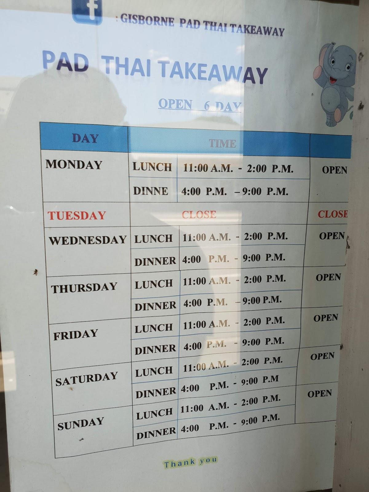 Menu at Pad Thai Takeaway restaurant, Gisborne