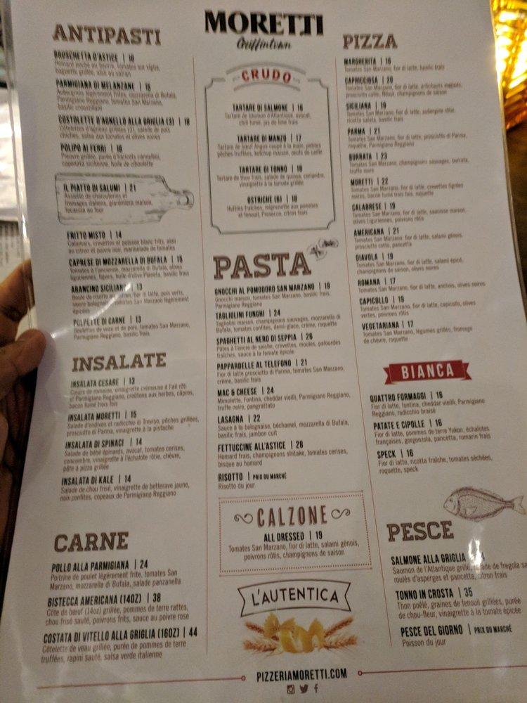 Menu au Pizzeria Moretti Griffintown, Montréal