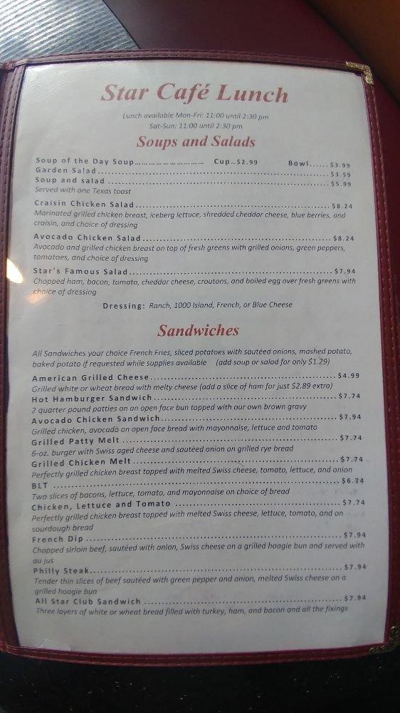 Menu at Star Cafe, Clearfield