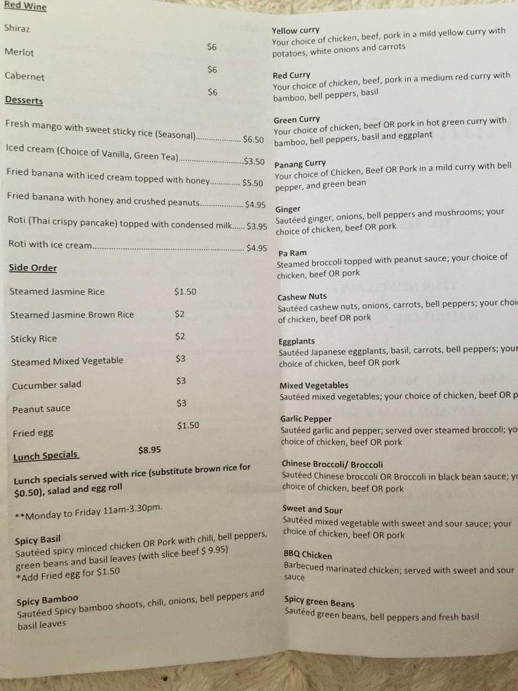 Menu at Vanda Thai restaurant, Walnut Creek
