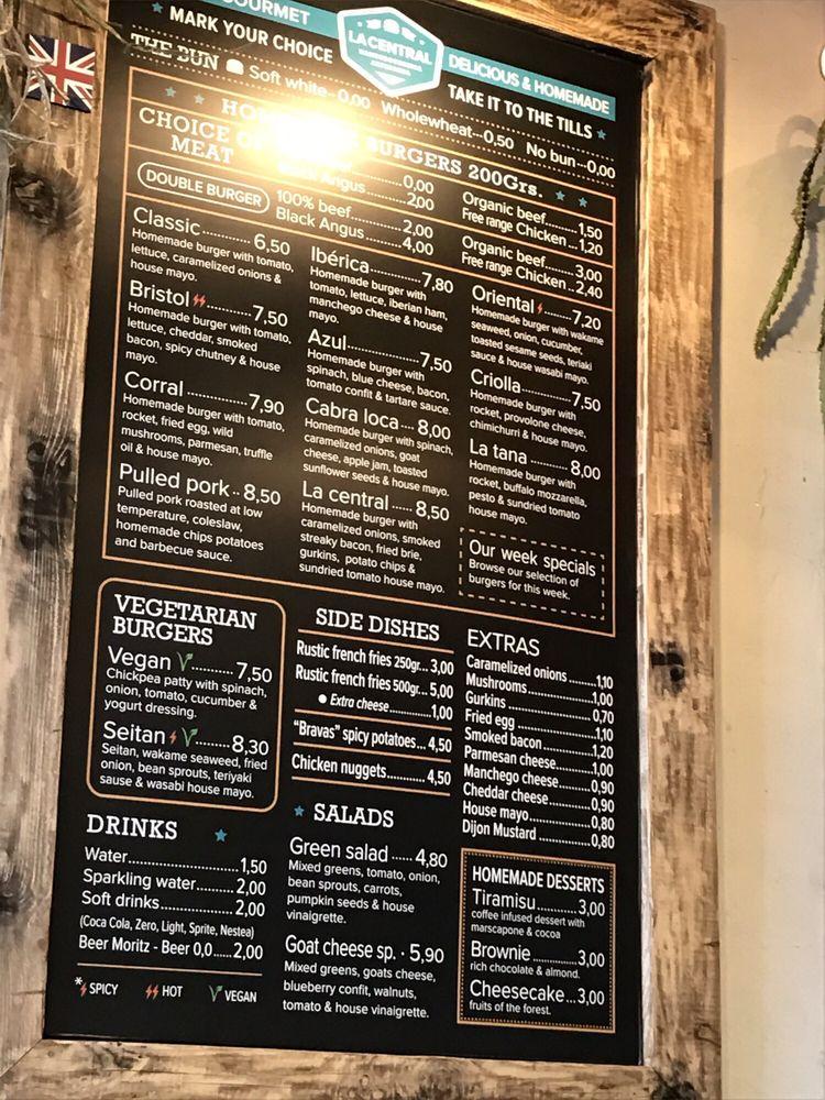 Carta del restaurante la central burger, Barcelona, Via Laietana 45