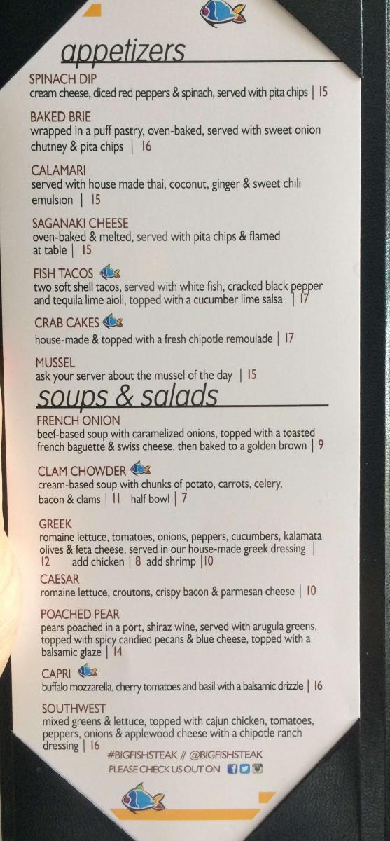 Menu at Big Fish Steak & Lounge steakhouse, Sarnia