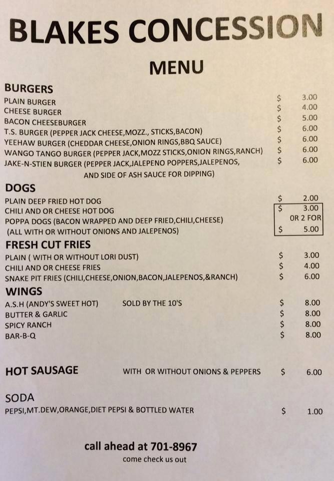 Menu at Blake's Concession, Meyersdale