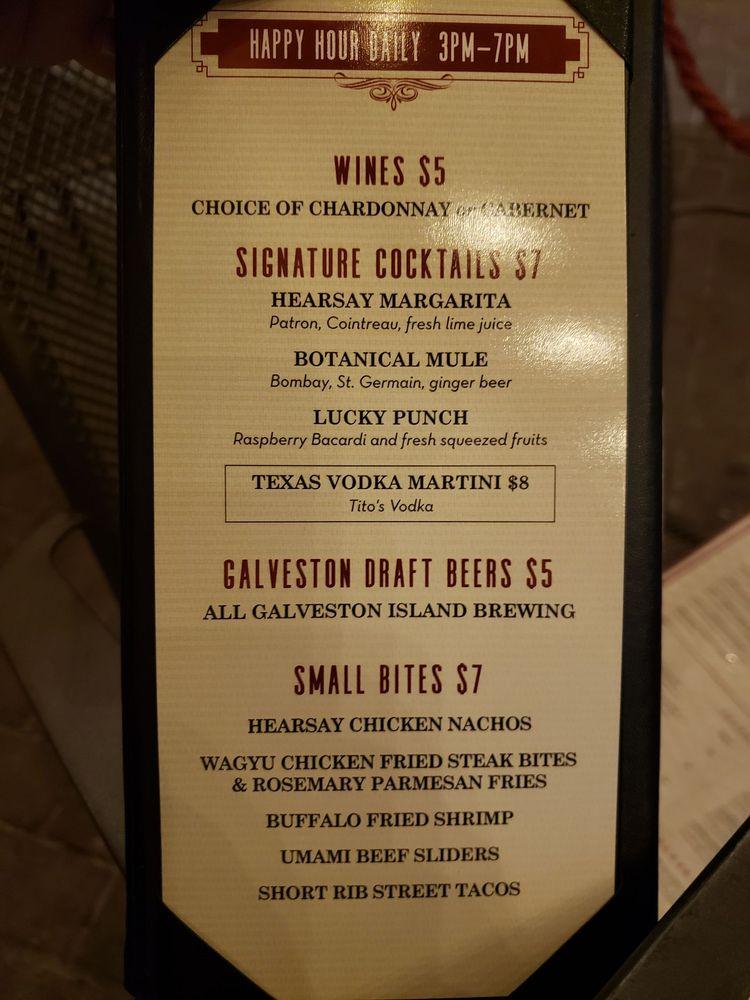 Menu at Hearsay On The Strand pub & bar, Galveston