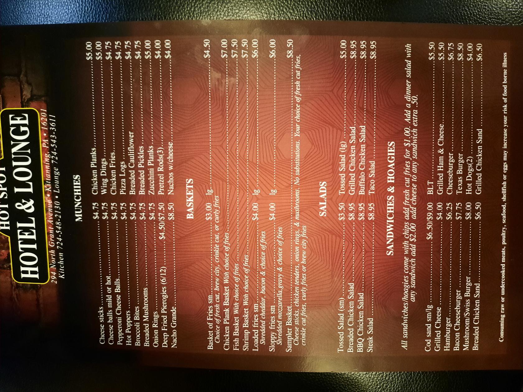 Menu at Hot Spot Hotel & Lounge restaurant, Kittanning