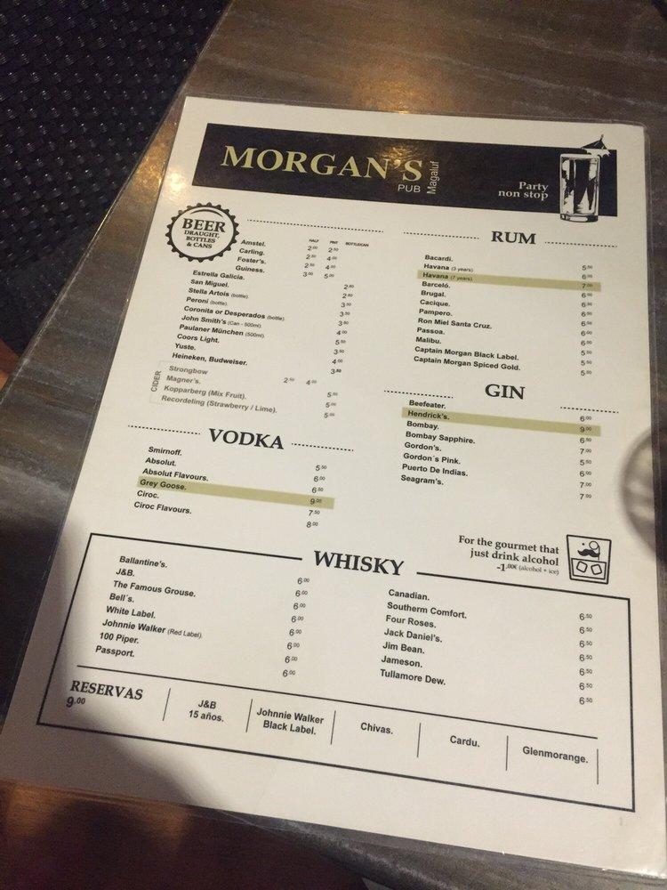 Menu at Morgan's Pub, Magaluf