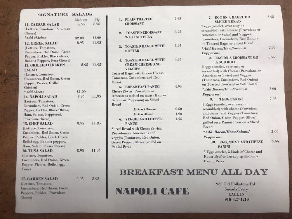 Menu at Napoli Cafe (Sneads Ferry), Sneads Ferry
