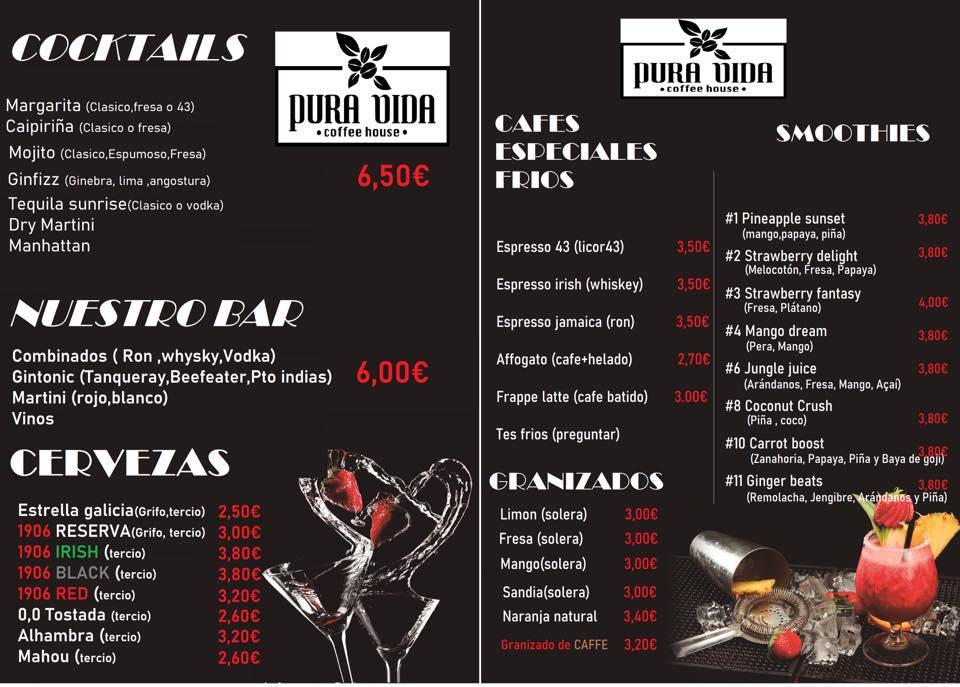 Menu at Pura Vida Coffee House, Madrid
