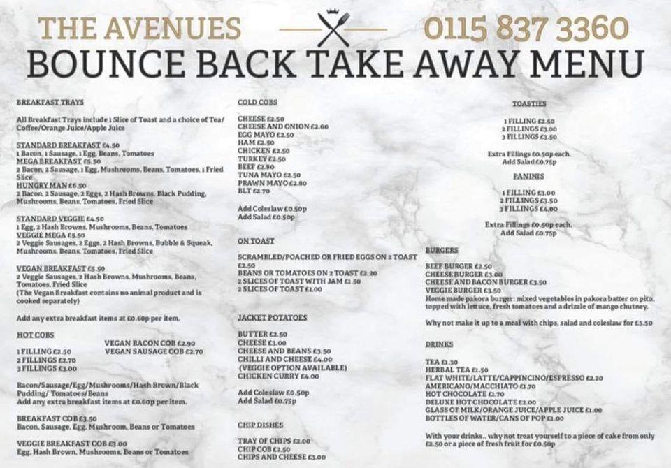 Menu at The Avenues Café cafe, Nottingham, 13 Gedling St