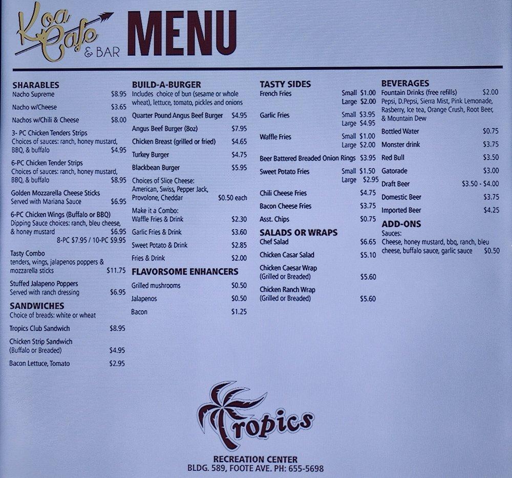 Carta del pub y bar Tropics Warrior Zone, Schofield Barracks