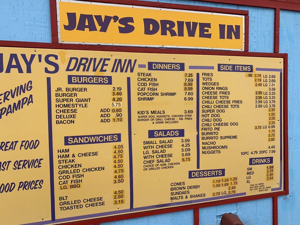 Menu at Jay's Drive Inn restaurant, Pampa