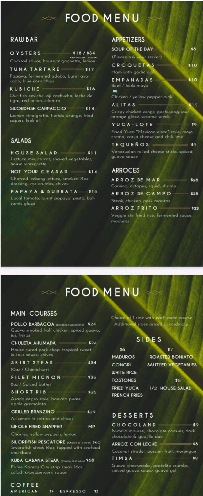 Menu at Kuba Cabana restaurant, Doral