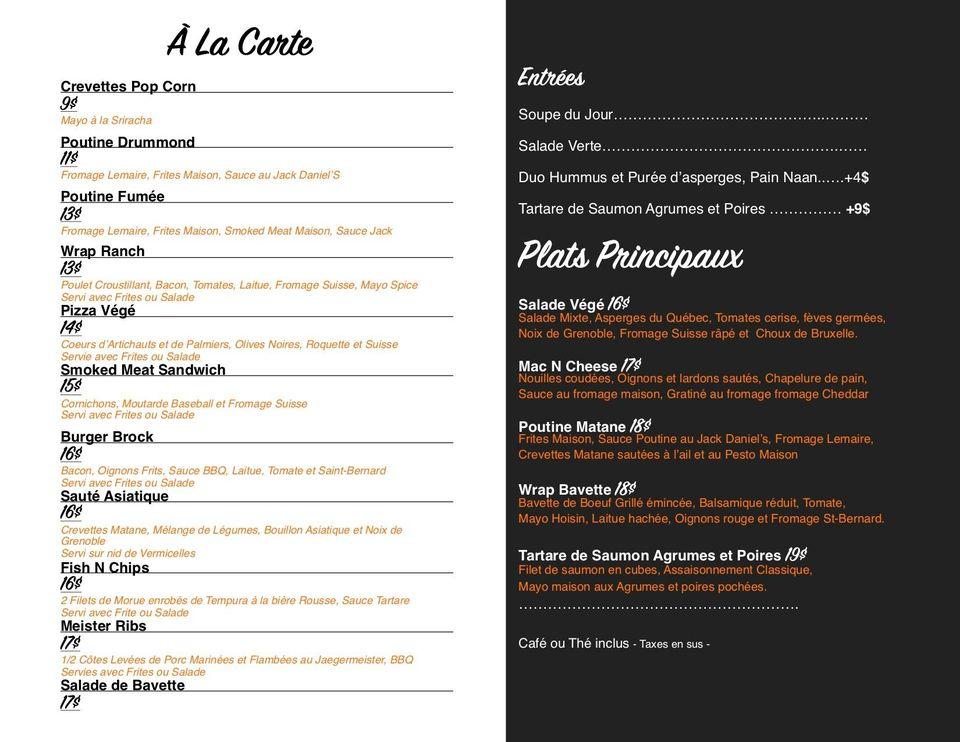 Menu at Le 200 Brock restaurant, Drummondville