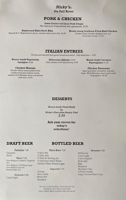 Menu at Nicky's Steakhouse Restaurant, Estes Park, Fall River Rd
