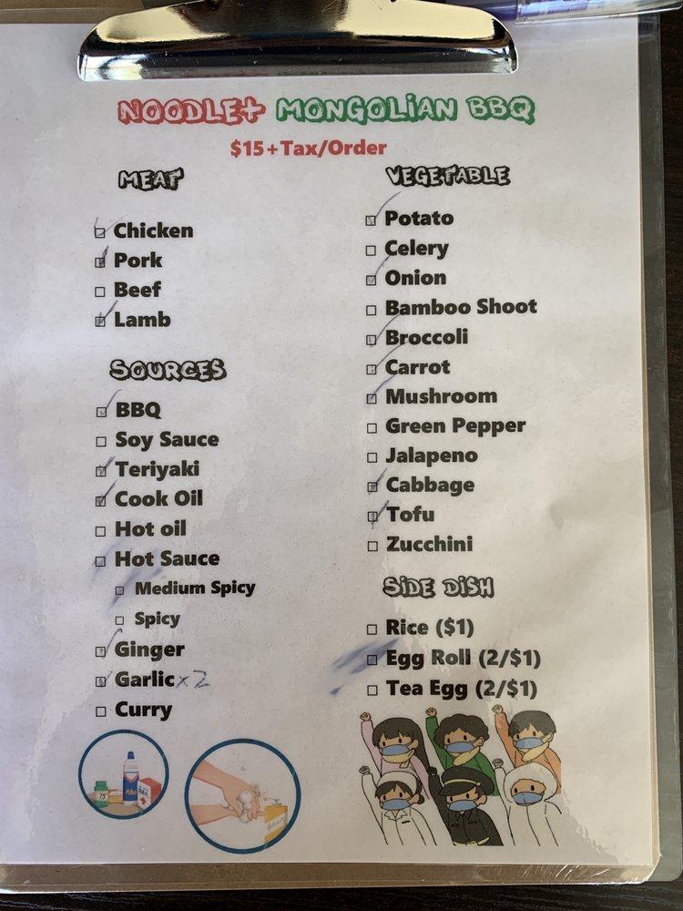 Menu at Noodle Plus Mongolian BBQ, Sunnyvale