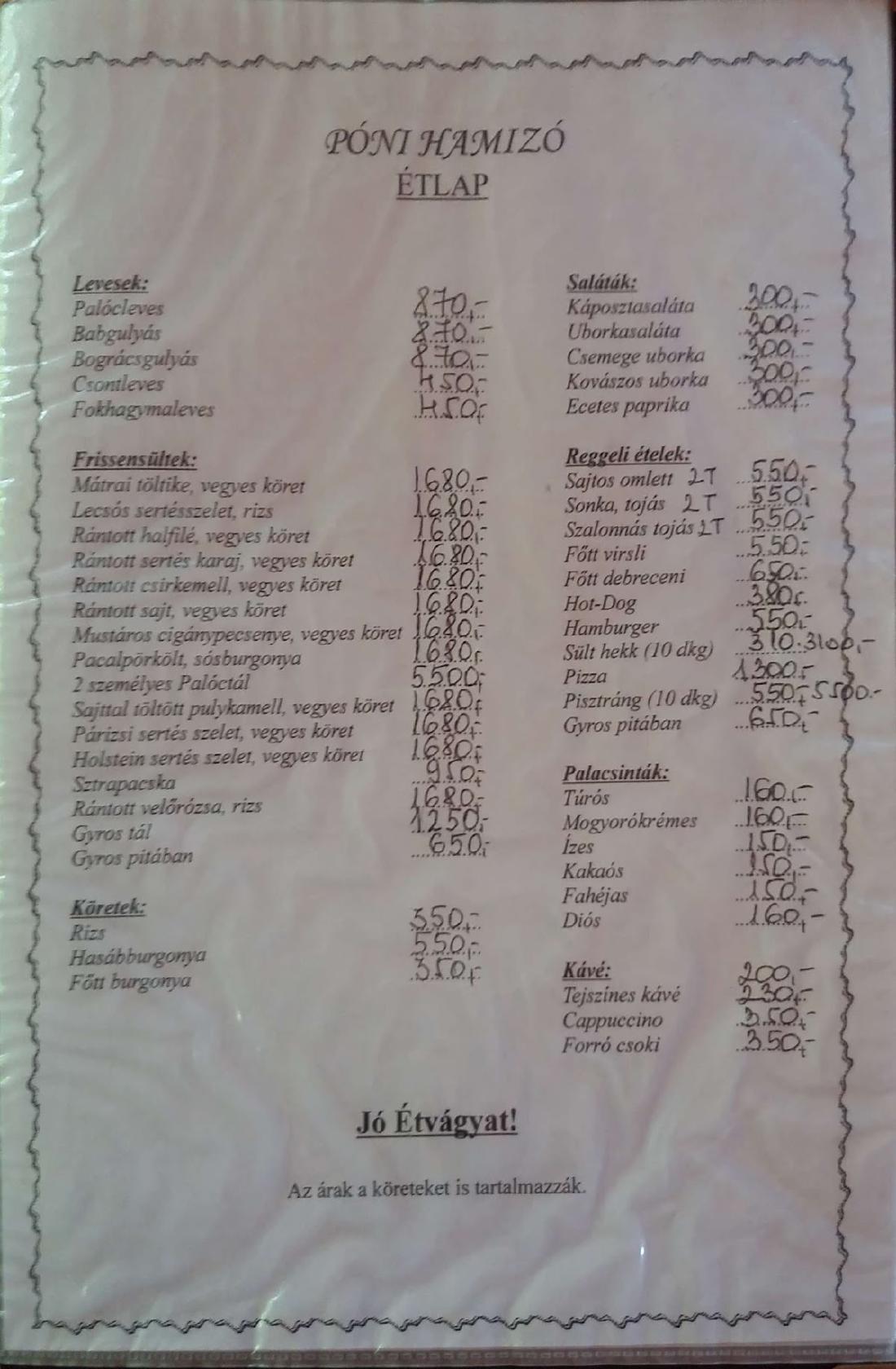Menu at Póni Hamizó restaurant, Parád