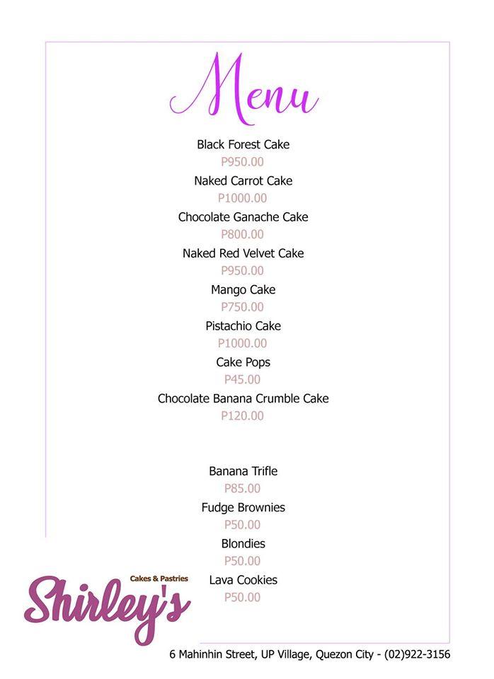 Menu at Shirley's Cakes and Pastries, Quezon City