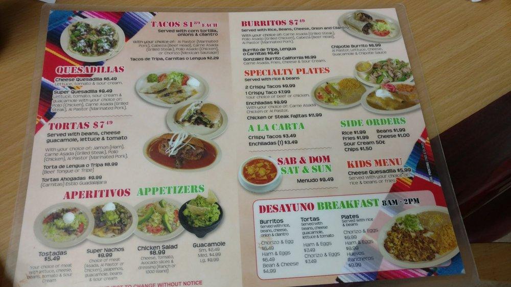 Menu at Tacos Gonzalez restaurant, Indio