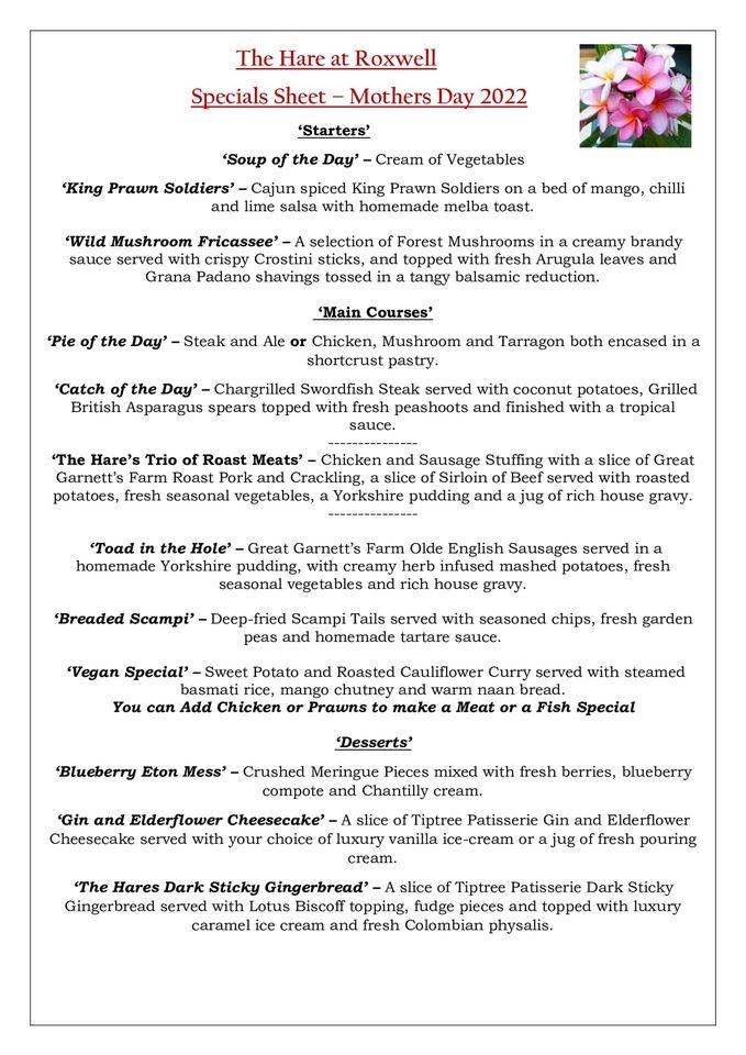 Menu at Hare - Roxwell pub & bar, Chelmsford, Bishops Stortford Rd