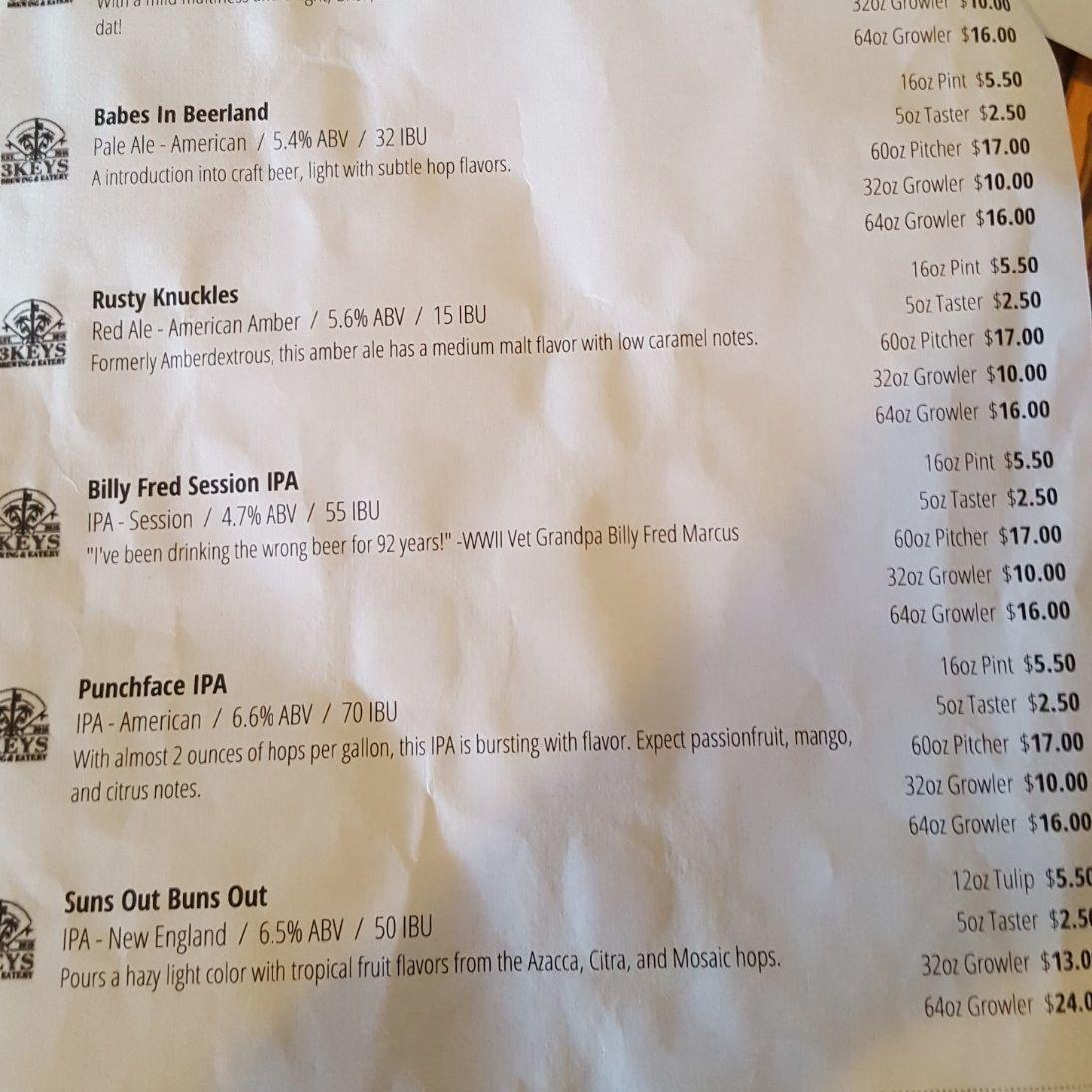 Menu at 3 Keys Brewing and Gastrobrew pub & bar, Bradenton