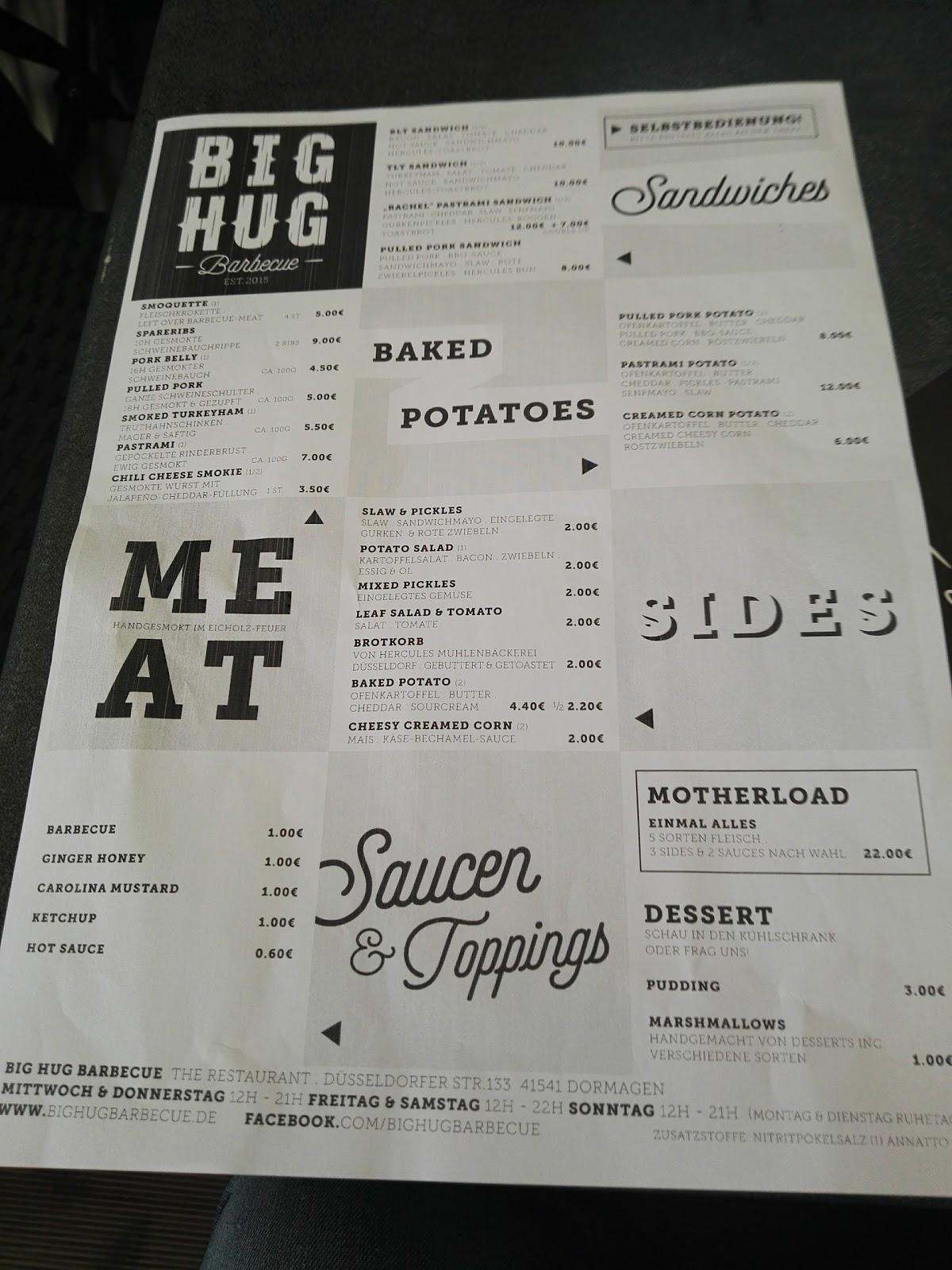 Speisekarte von Big Hug Barbecue, Dormagen