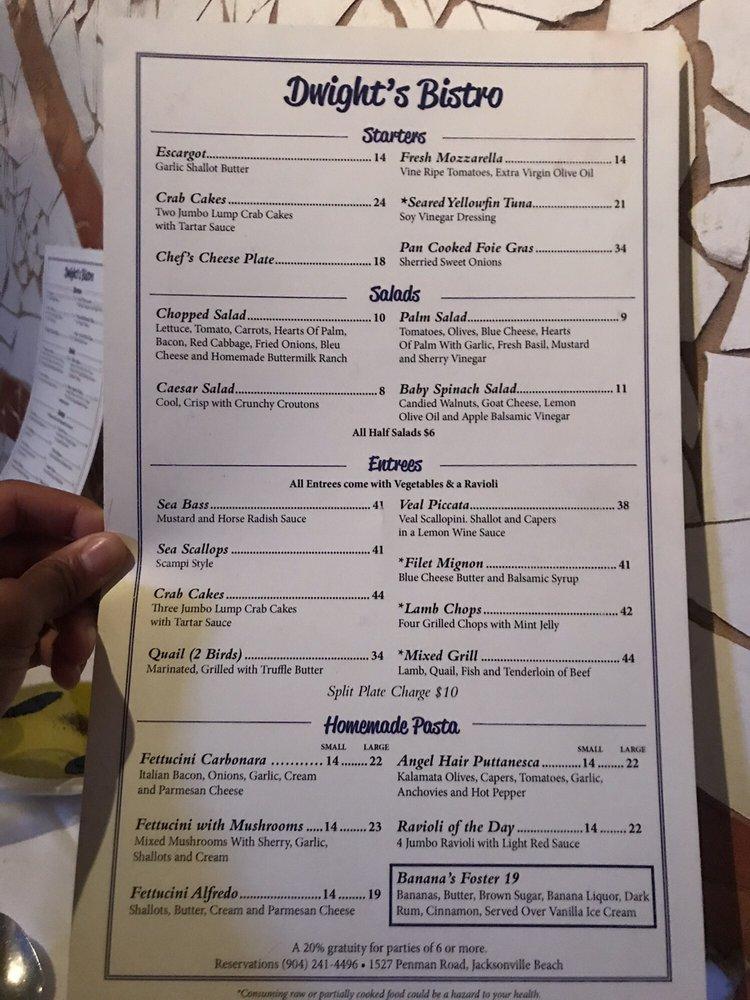 Menu at Dwight's Bistro restaurant, Jacksonville Beach