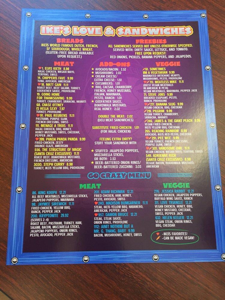 Menu at Ike's Love & Sandwiches restaurant, Santa Cruz