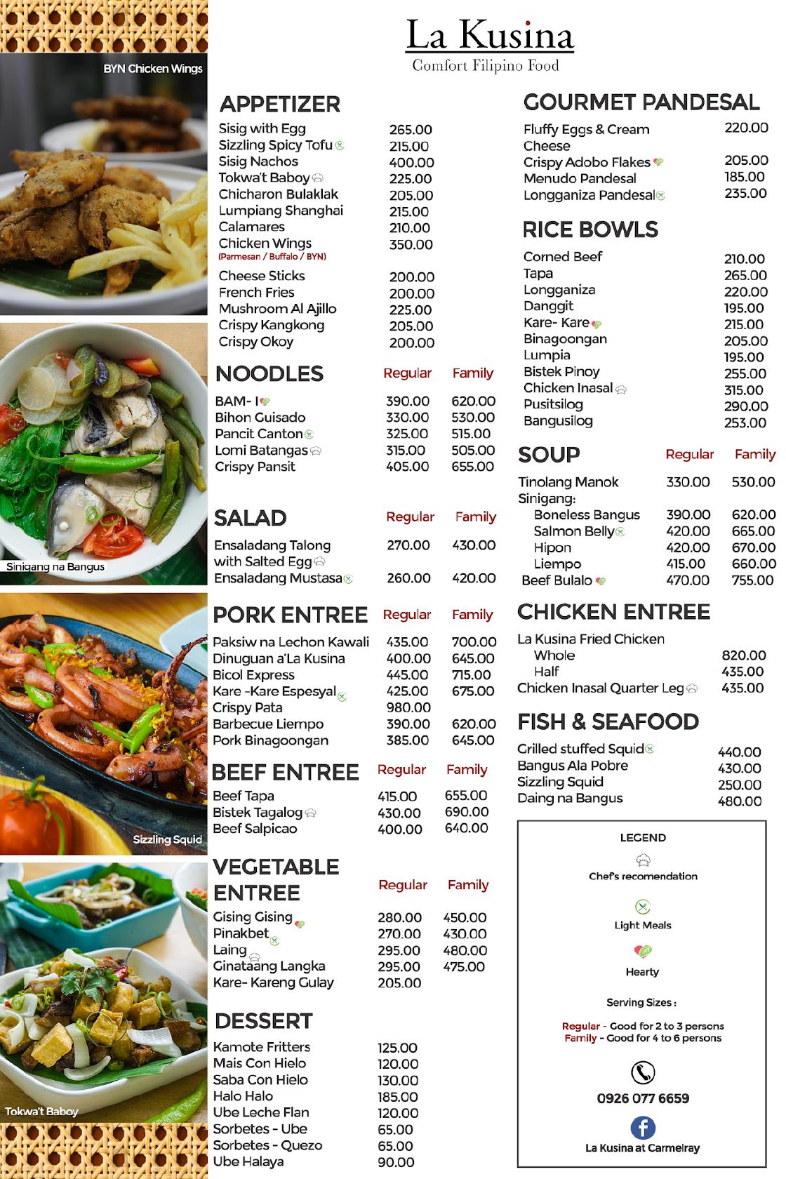 Carta del restaurante La Kusina at Carmelray, Calamba