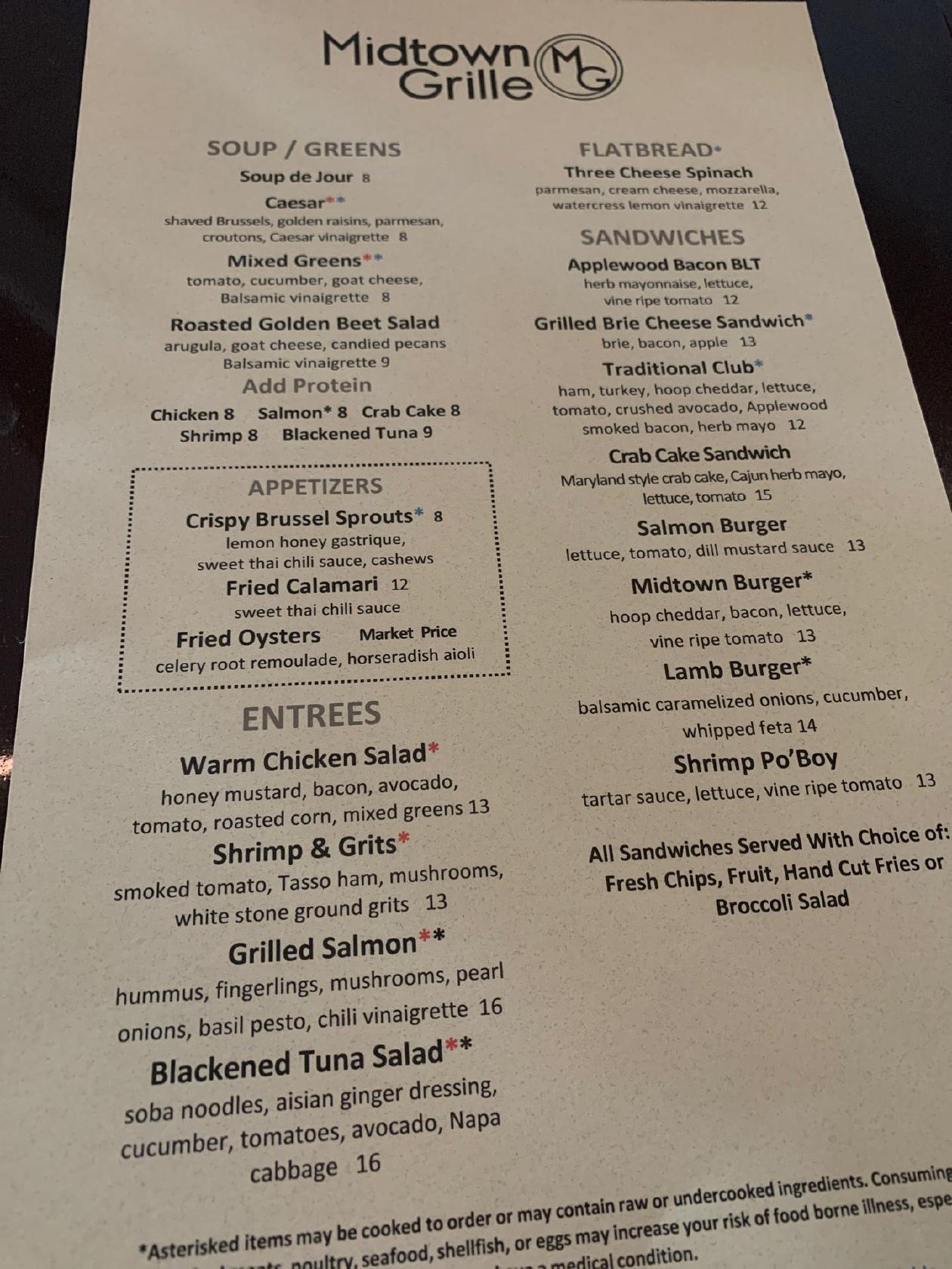 Menu at Midtown Grille pub & bar, Raleigh