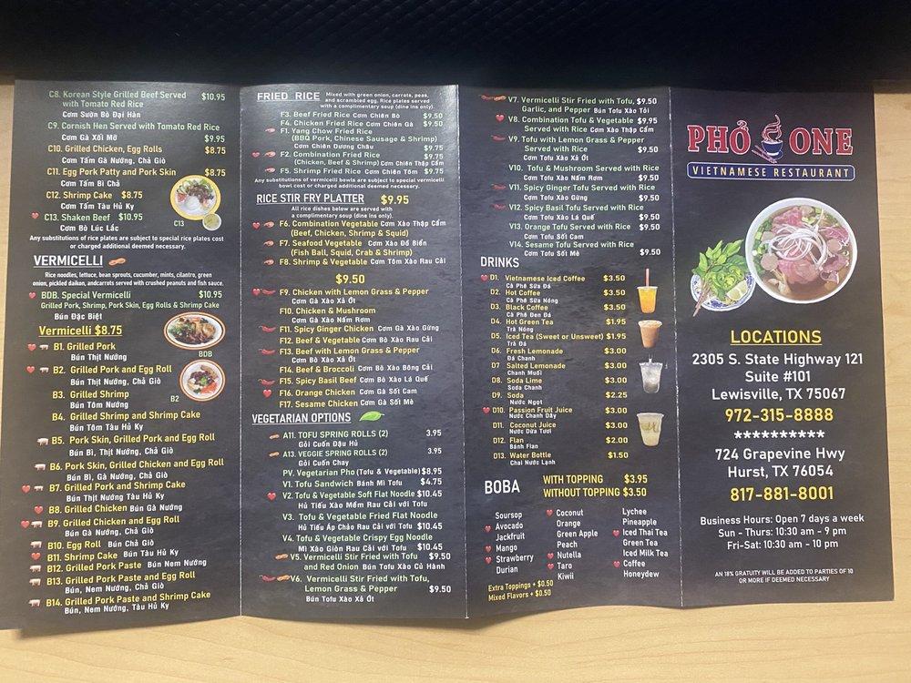 Menu at Pho One restaurant, Hurst