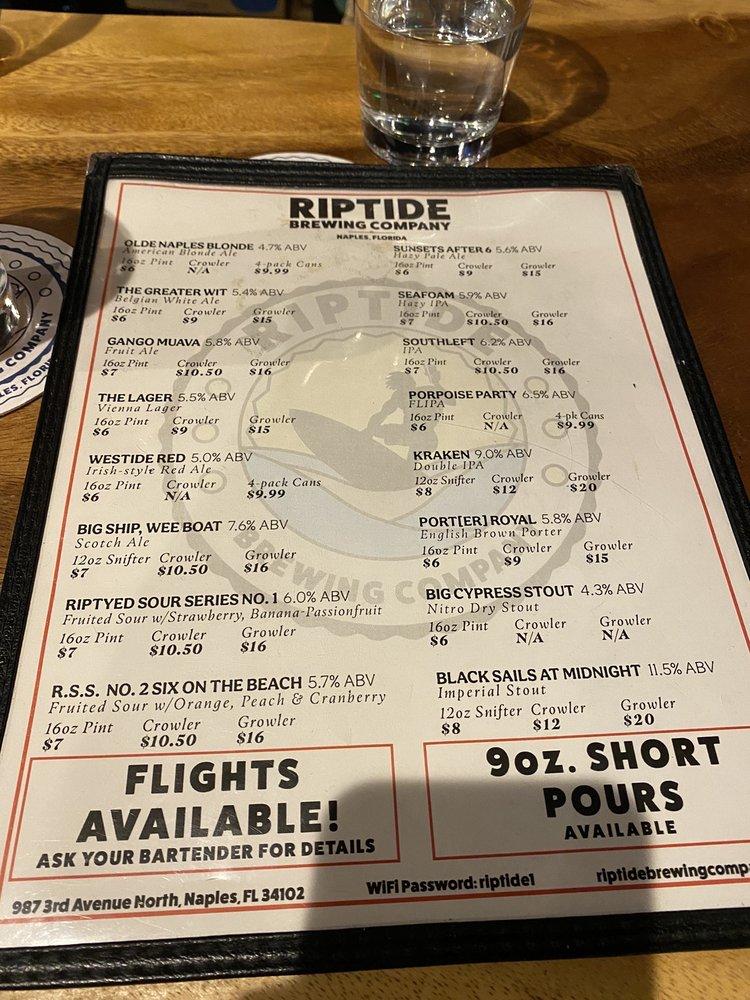 Menu at Riptide Brewing Company pub & bar, Naples