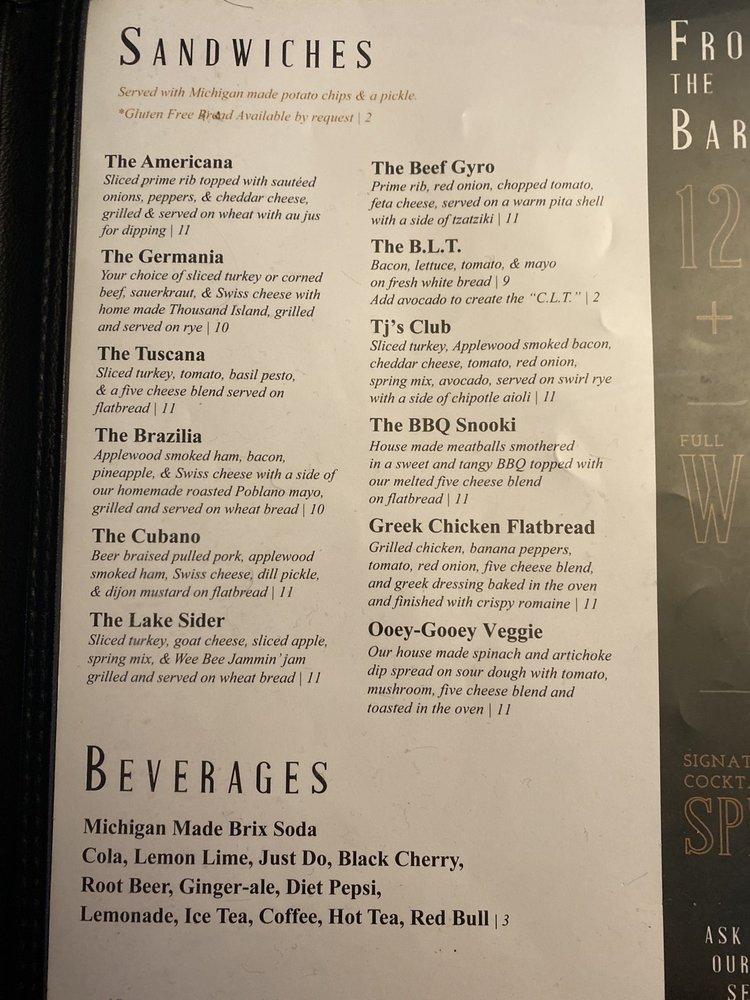 Menu at TJ’s Pub, Manistee
