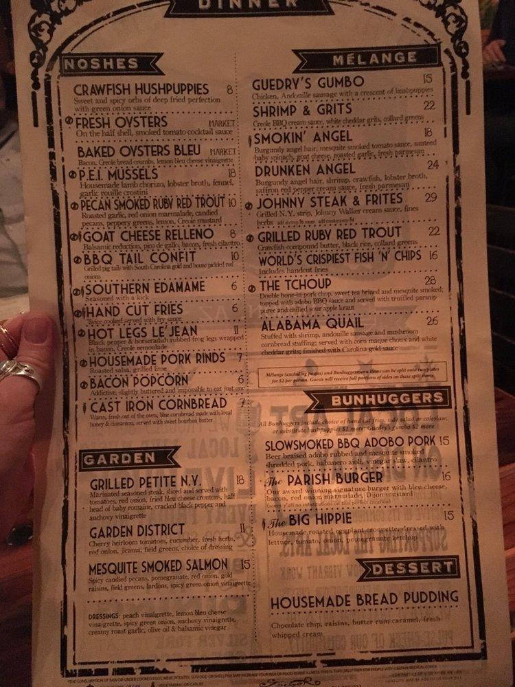 Menu at The Parish restaurant, Tucson